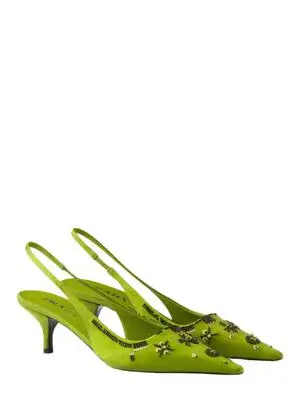 Prada Embroidered Satin Slingback Pumps - Green