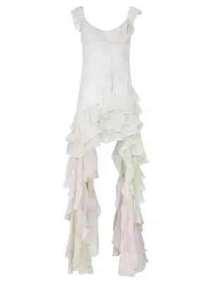 Elisabetta Franchi Georgette Dress With Feather Print And Ruffle Accents - Neutrals
