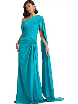 Tadashi Shoji One-shoulder Draped Cape Sleeve Gown With High Slit - Teal