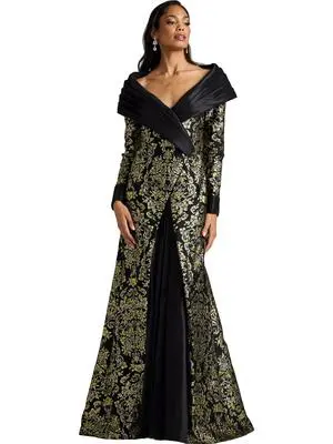 Tadashi Shoji Sorella Jacquard Portrait Collar Gown - Gold/multi