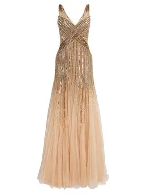 Pamella Roland Embellished V-neck Tulle Gown - Gold