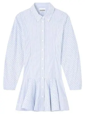 GANNI Stripe Print Cotton Mini Shirt Dress With Classic Collar And Ruffled Hem - Azzurro