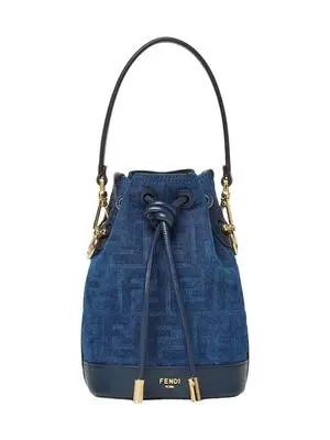 Fendi Flocked Ff Denim Bucket Bag With Calfskin Trim - Blu