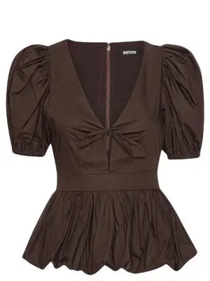 ROTATE BY BIRGER CHRISTENSEN Organic Cotton Mini Dress With Puff Sleeves And V-neck - Marrone