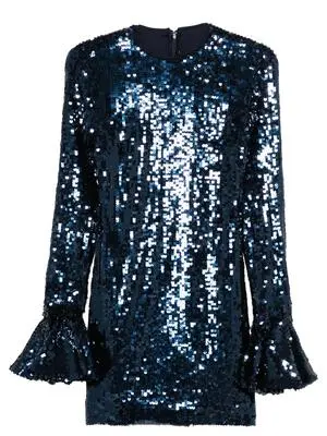 ROTATE BY BIRGER CHRISTENSEN Sequin Flared Cuff Round Neck Dress - Blu