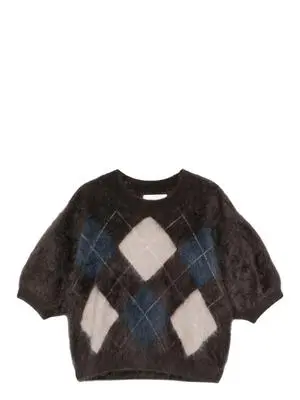 LISA YANG Crewneck Argyle Puff Sleeve Sweater - Marrone