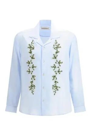 BAZISZT Floral Embroidered Camp Collar Cotton Shirt - Azzurro