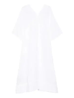 120% Lino Linen V-neck Kaftan With Contrast Hem And Sleeves - Bianco