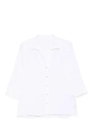 120% LINO 120% LINO Sheer Short Sleeve Button-Front Blouse