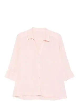 120% Lino 120% LINO Classic Linen V-Neck Shirt With Long Sleeves And Pointed Collar Rosa