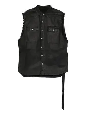 Rick Owens Cotton Front Button Shirt With Fringed Detail & Two Chest Flap Pockets - Nero
