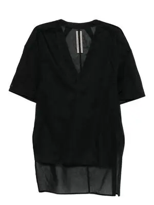 Rick Owens Short-sleeved V-neck Cotton Blouse With Side Slits - Nero