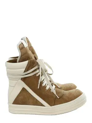 Rick Owens Suede High Top Sneakers With Extended Tongue And Geometric Paneling - Marrone