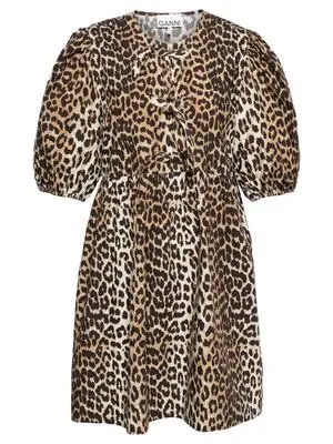 GANNI GANNI Leopard Print Cotton Mini Dress With Bow Detail Marrone