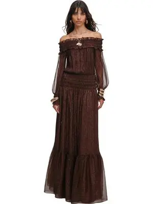 SELF-PORTRAIT Long Off-the-shoulder Ruffle Georgette Dress - Marrone