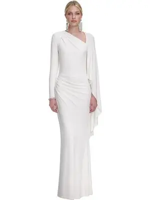 SELF-PORTRAIT Asymmetrical Neckline Long Sleeve Gown With Mermaid Hem - Bianco