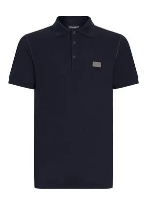 Dolce & Gabbana Cotton Polo Shirt With Front Buttons And Logo Metal Plaque - Blu