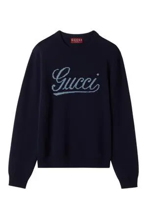 Gucci Ribbed Wool Crewneck Sweatshirt With Intarsia Logo - Blu