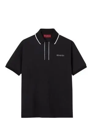 Gucci Embroidered Polo Collar Short-sleeve T-shirt With Piping Trim - Nero