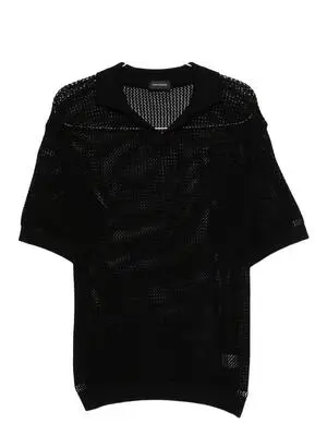 Tagliatore Tagliatore Crochet-Effect Cotton Polo Shirt With Ribbed Collar, Cuffs, And Hem Nero
