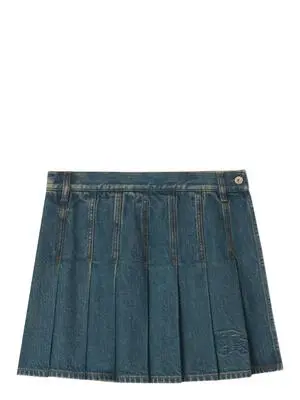 Burberry Pleated Denim Mini Skirt With Equestrian Knight Embroidery - Blu