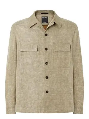 Zegna Regular-fit Linen-wool-silk Button-up Shirt With Leather Details & Elbow Patches - Verde