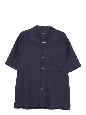 Zegna Zegna Regular Fit Linen Cuban Collar Shirt With Chest Pocket Blu