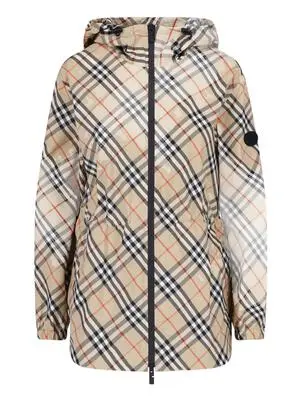 Burberry Lightweight Plaid Zip-up Hooded Jacket - Beige