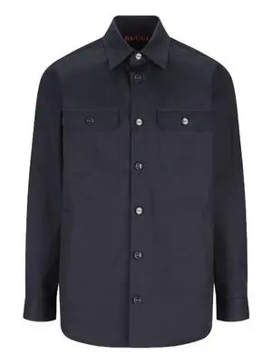 Gucci Point Collar Cotton Button-down Shirt With Chest Patch Pockets, Long Sleeves, Button Cuffs - Blu