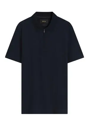 BOSS Zipper-neck Polo Shirt In A Cotton-silk Blend - Dark Blue