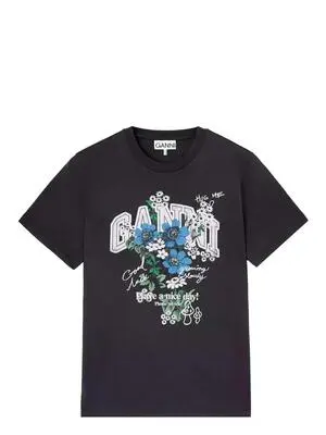 GANNI T-shirt With Flowers - Black
