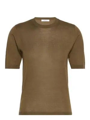 Max Mara Max Mara Stockinette-Stitched Cashmere And Silk Crew Neck Short Sleeve Sweater Kaki