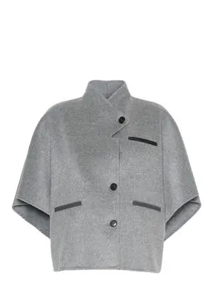 Max Mara Lightweight Cashmere Cape With Leather Trim - Medium Grey