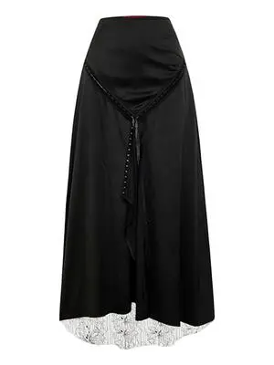 PCFG Satin Maxi Skirt With Lace Panel And Slit - Black