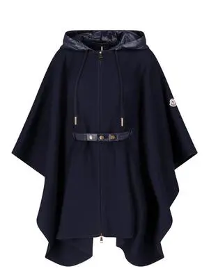 Moncler Wool Blend Cape With Hood And Belt - Blue