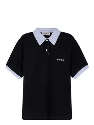 Miu Miu Short Sleeve Embroidered Logo Polo Shirt - Black