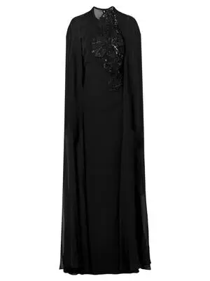 ELIE SAAB Elie Saab Black Stand Collar Maxi Dress With Sheer Cape Sleeves And Floral Appliqué