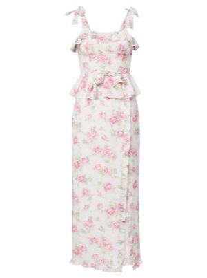 Alessandra Rich Floral Silk Ruffled Midi Dress - Pink