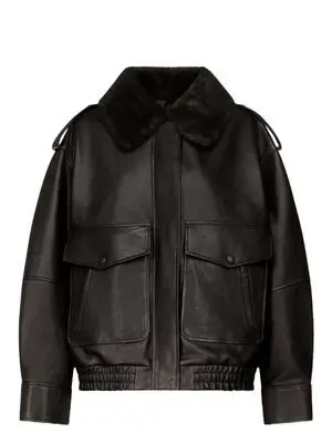 Loulou De Saison Russo Leather Bomber Jacket With Shearling Collar - Coffeedark