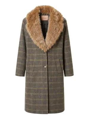 TWINSET Chequered Double Wool Coat With Faux-fur Trim - No