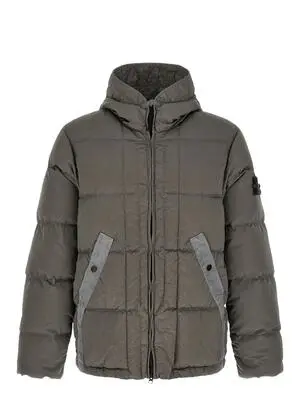 Stone Island Crumpled Effect Down Jacket With Hood - Grey