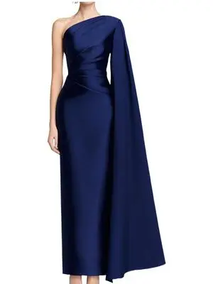 Solace One-shoulder Maxi Dress With Asymmetric Waist Pleats - Navy Blue