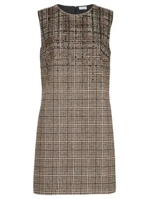 Brunello Cucinelli Checked Alpaca And Wool Mini Dress With Sequined Embellishment - Brown