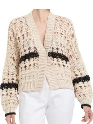 BRUNELLO CUCINELLI Brunello Cucinelli Long Sleeve Crochet Knit Cardigan With Contrast Detailing