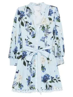 ALICEOLIVIA Alice + Olivia Floral Print Puff Sleeve Mini Shirt Dress - Blue