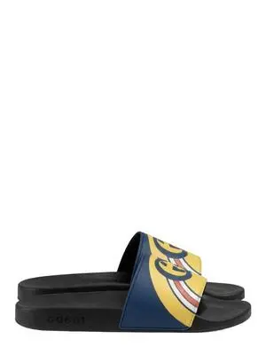 Gucci Navy And Yellow Logo Rubber Slides - Black