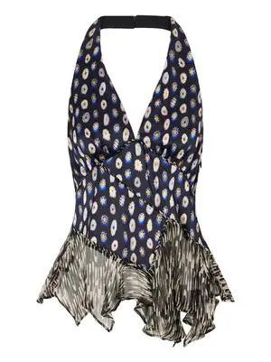 Staud Maeva Ruffled Printed Silk-blend Halterneck Top - Black