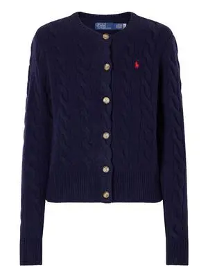 Polo Ralph Lauren Wool And Cashmere-blend Cable Knit Cardigan With Embroidered Logo - Blue