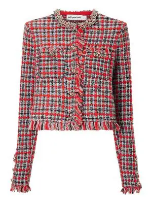 SELF-PORTRAIT Embellished Cotton And Wool-blend Bouclé-knit Frayed Jacket - Red