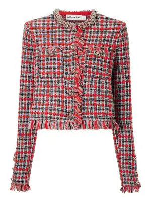 SELF-PORTRAIT Embellished Cotton And Wool-blend Bouclé-knit Cropped Jacket With Frayed Edges - Red